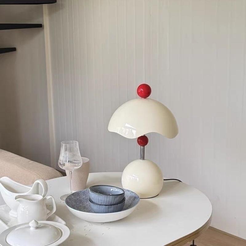 Cherry Dome Retro Table Lamp – Cream & Red Accent Light – Aniu Home